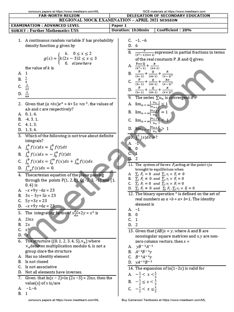 Further Mathematics Paper 1 Far Nort Mock 2021 MeetLearn | PDF ...