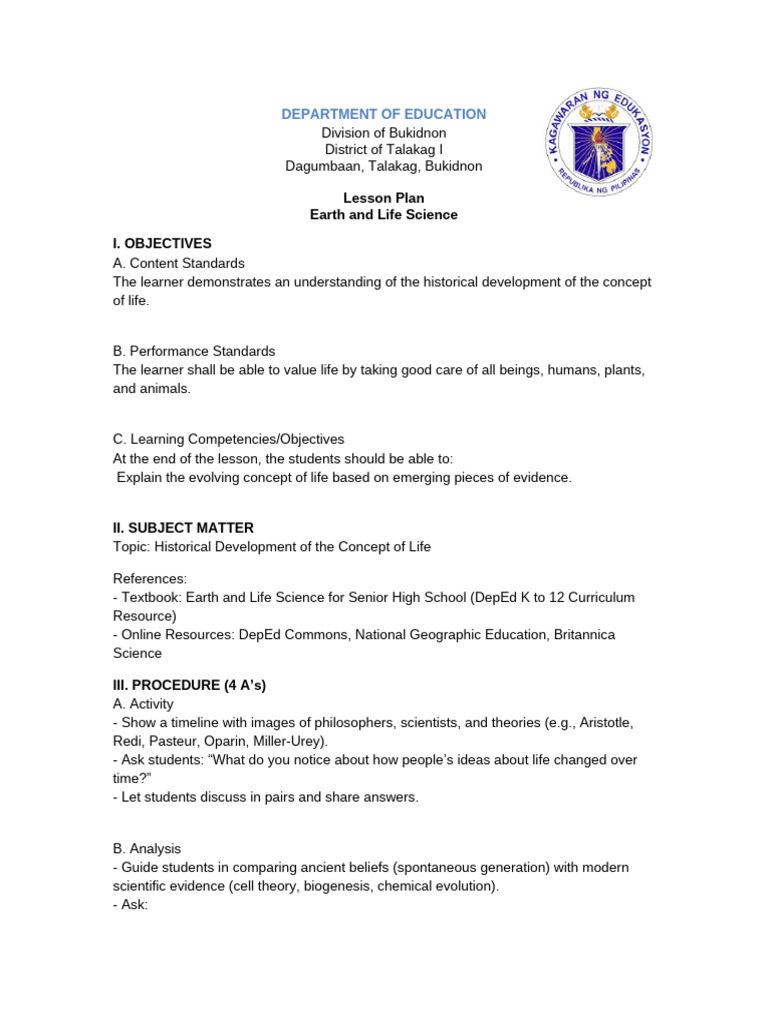 4as Lesson Plan Concept of Life | PDF | Science | Learning