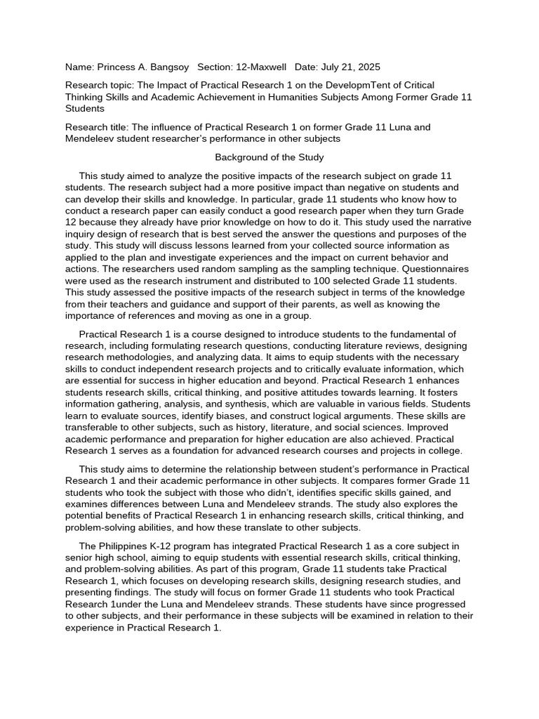 Impact of Practical Research on Students | PDF | Critical Thinking ...