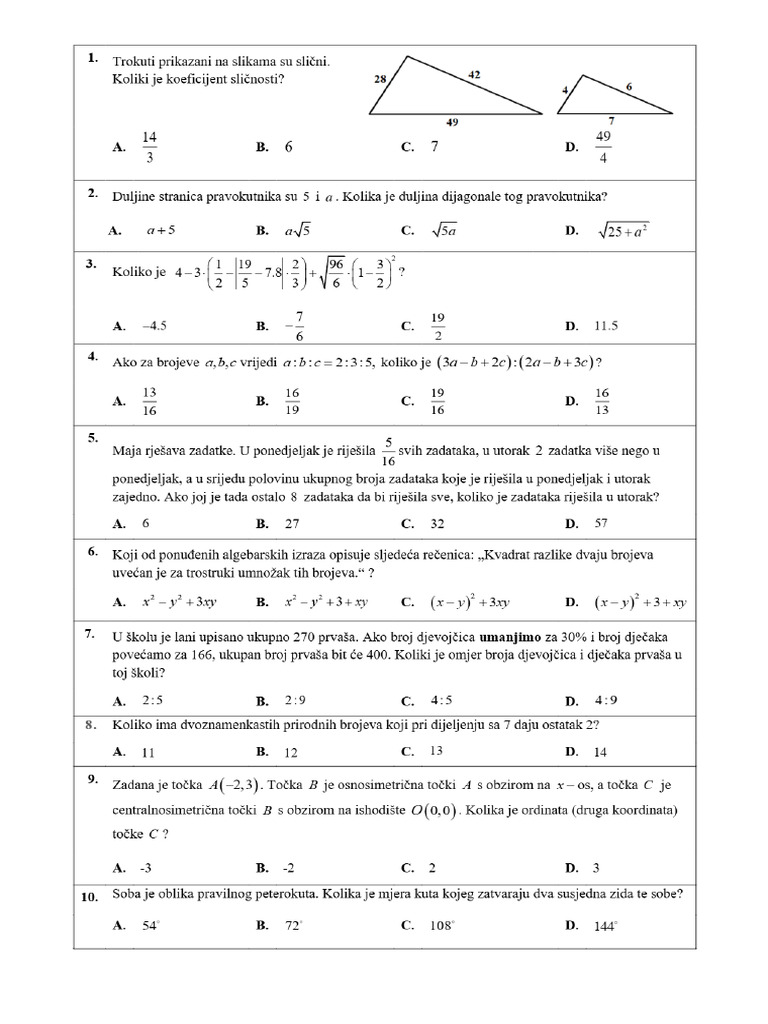 Primjer Zajedničke Provjere Posebnih Znanja Iz Matematike 2024. | PDF