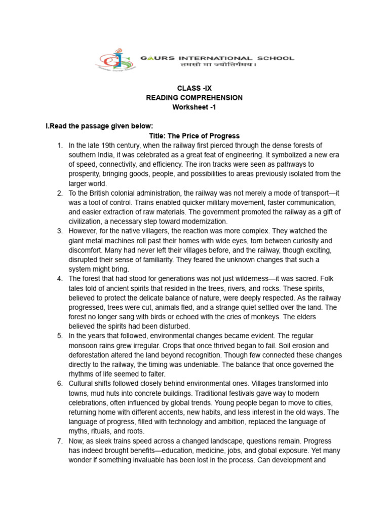 Reading Comprehension Grade 9 (1) . | PDF