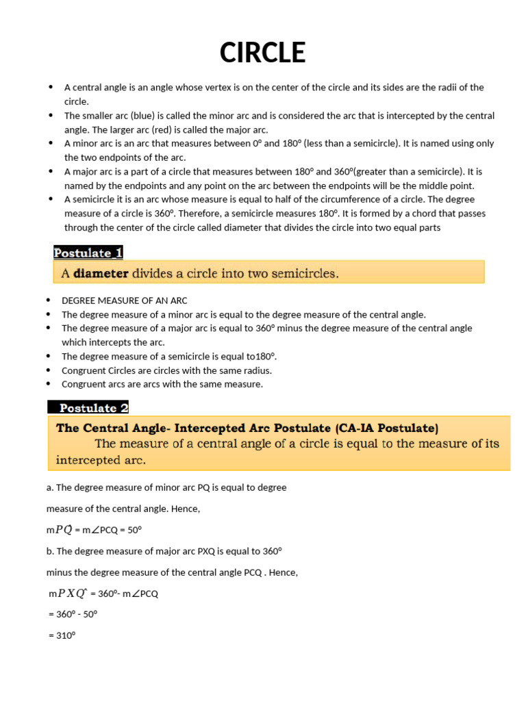 Circle (Chords, Central Angle, Arcs) | PDF | Circle | Angle