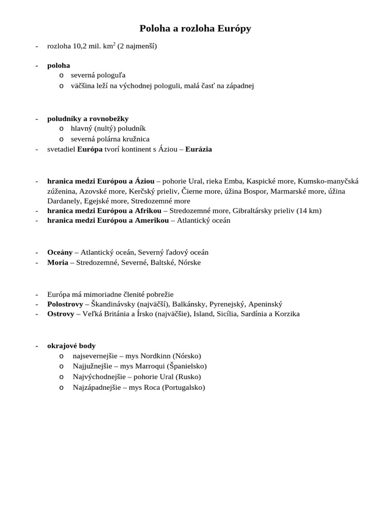 Poloha A Rozloha Európy | PDF