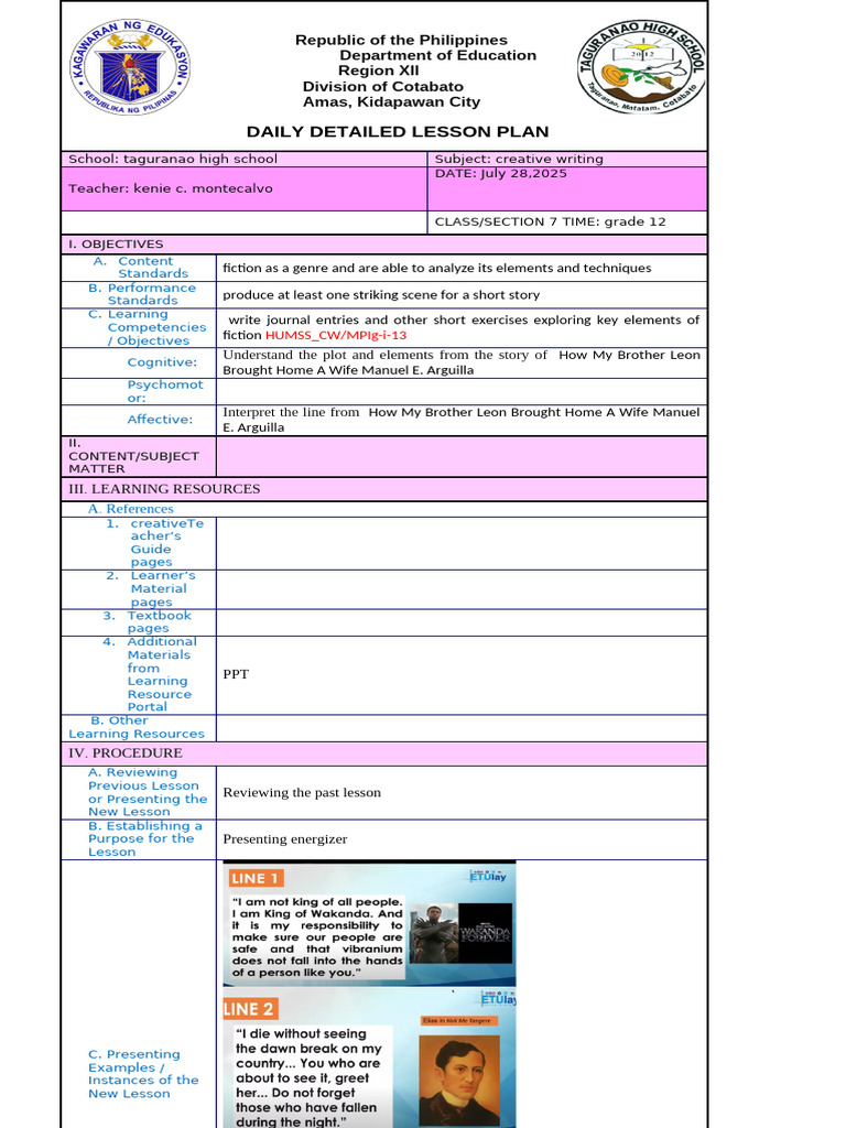 Daily Lesson Plan for Creative Writing | PDF