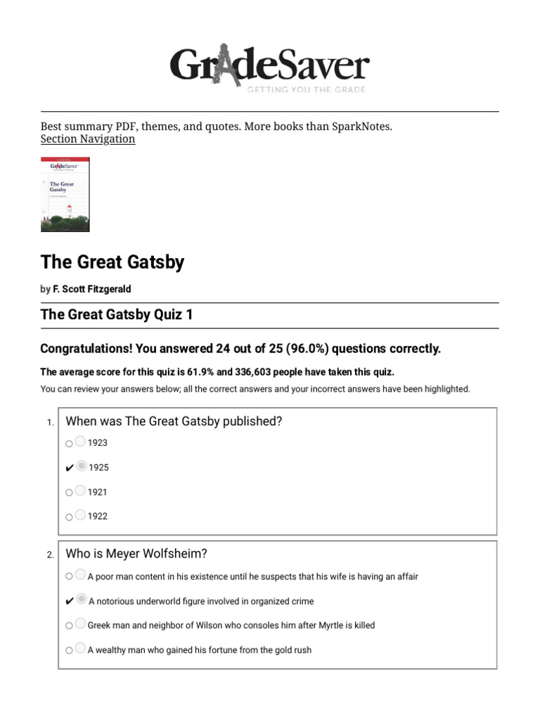 The Great Gatsby Quizzes | PDF | The Great Gatsby