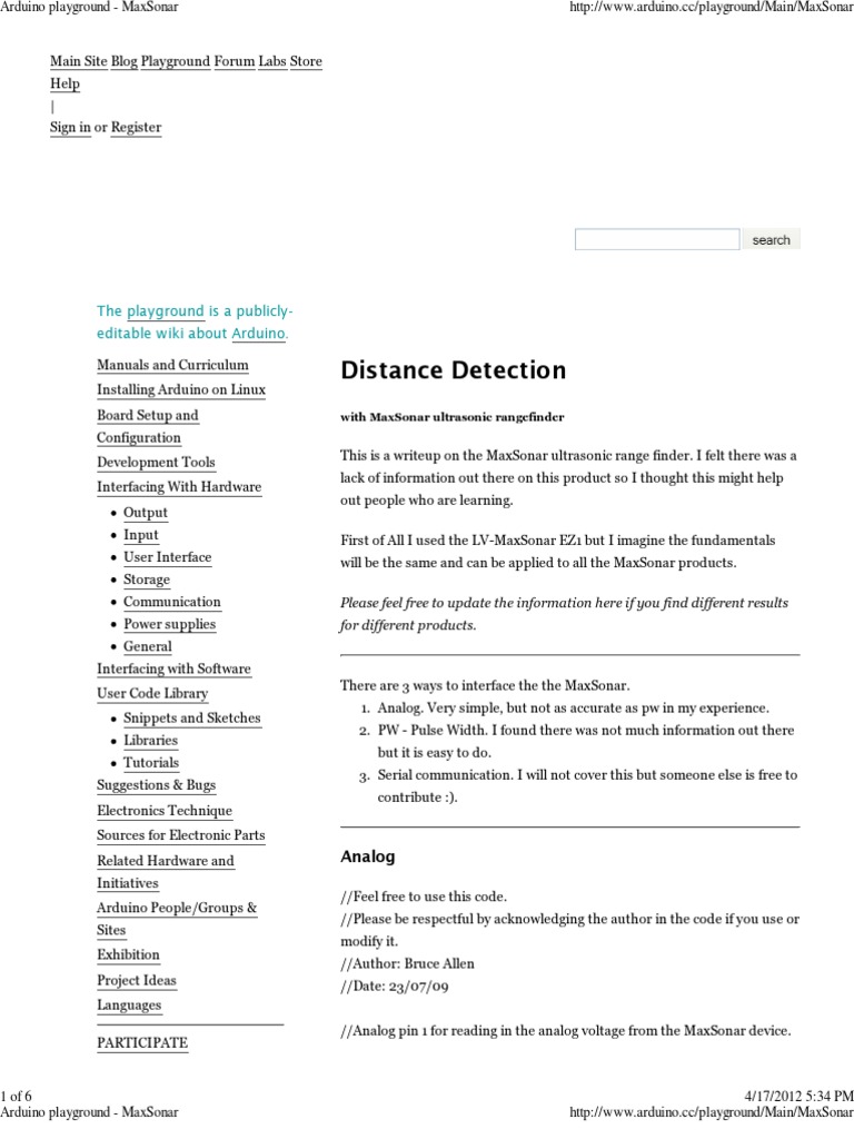 Arduino Playground Maxsonar Pdf Arduino Integer Computer Science 9204