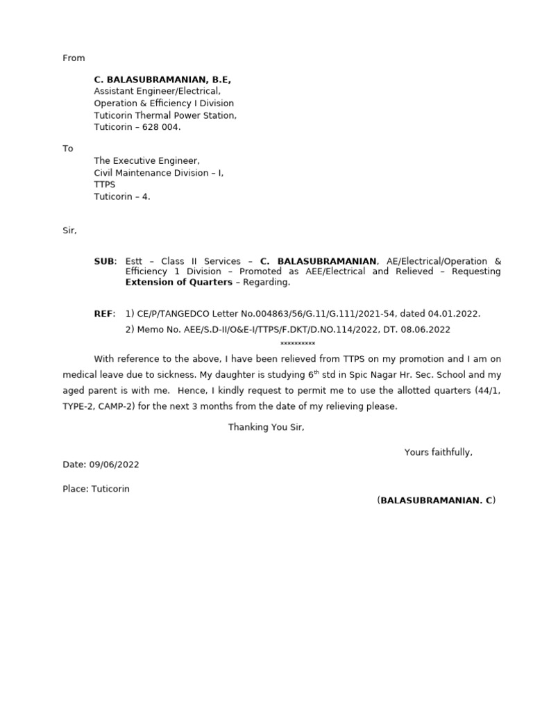 Letter For Quarters Extension | PDF