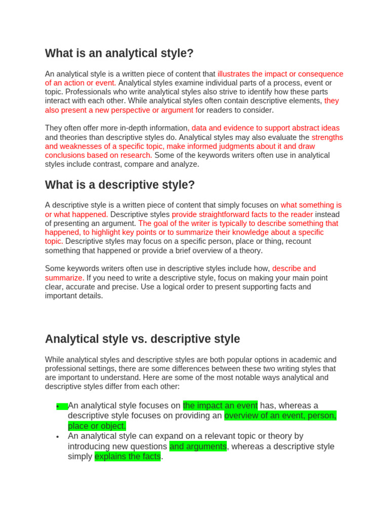 Analytical vs. Descriptive Writing Styles | PDF | Argument | Theory
