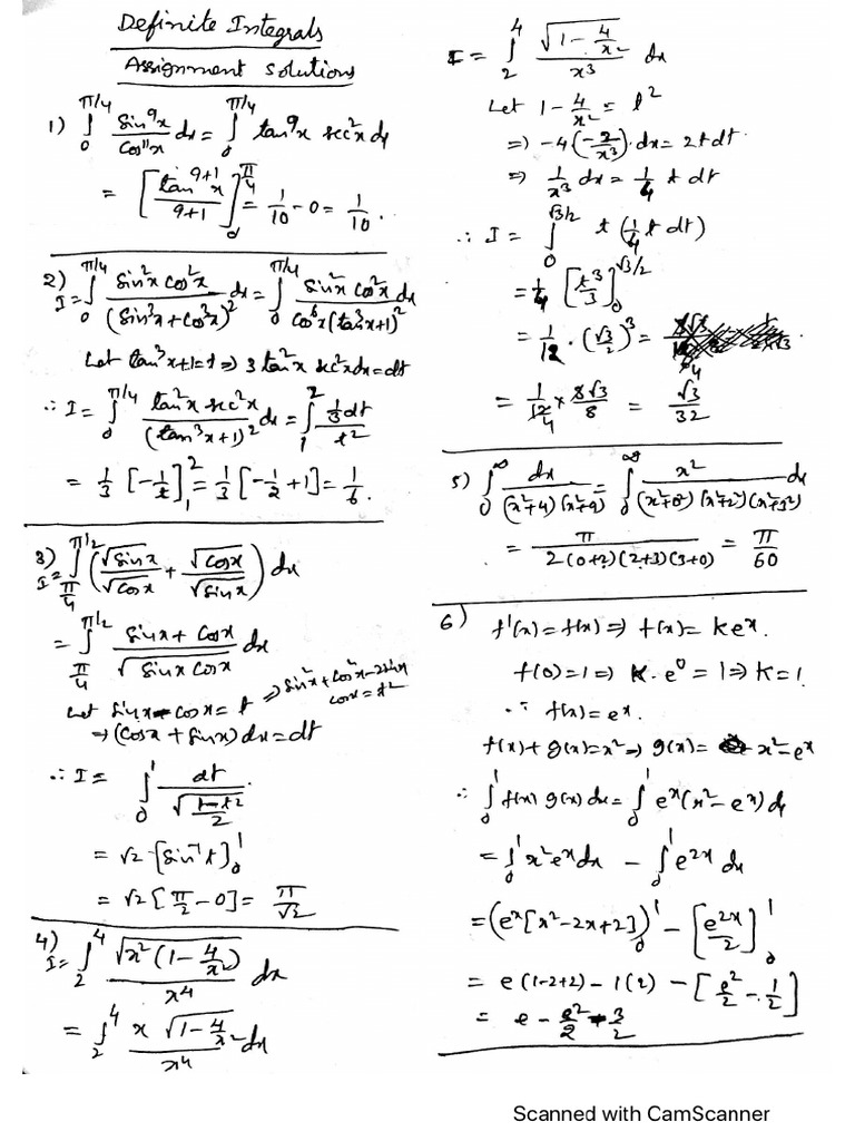 Definite Integrals Assignment Solutions | PDF