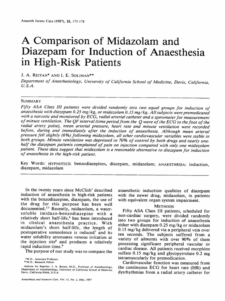 A Comparison of Midazolam and Diazepam for Induction of Anaesthesia in ...