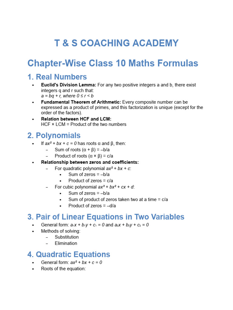 Class 10 Maths: Key Formulas Guide | PDF | Number Theory | Mathematics