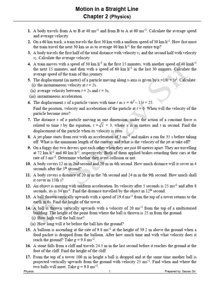 Chapter 2 Motion in A Straight Line Physics XII F | PDF | Speed | Velocity