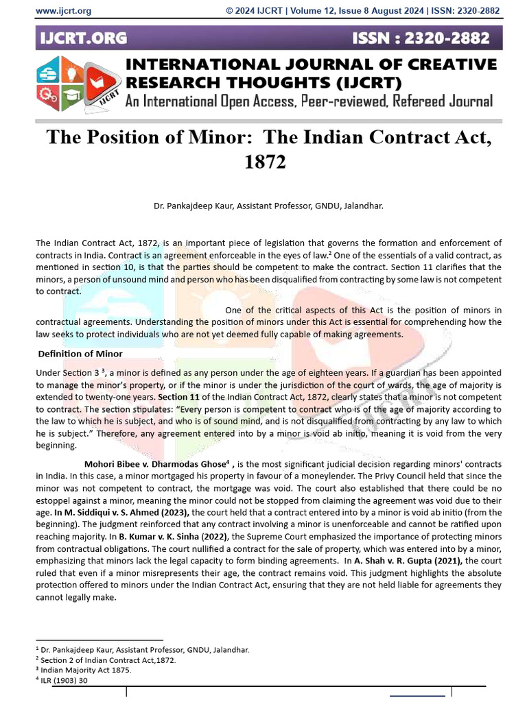 Minors in Indian Contract Law Explained | PDF | Partnership | Legal ...