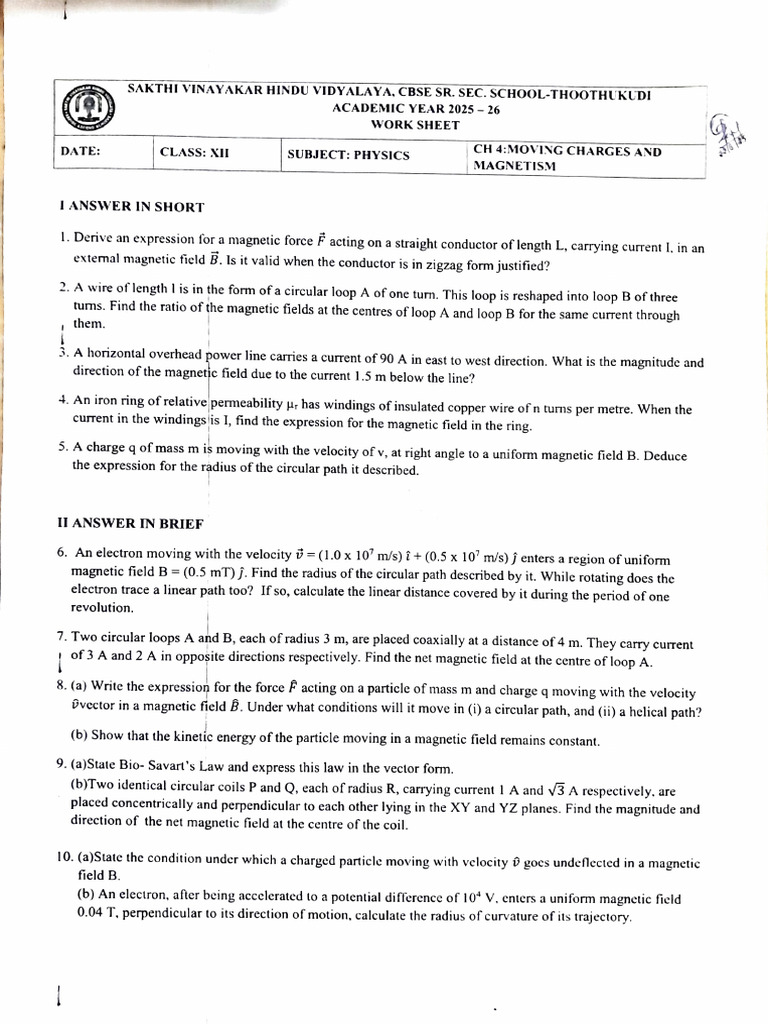Physics Worksheet for Class XII Students | PDF | Magnetic Field ...