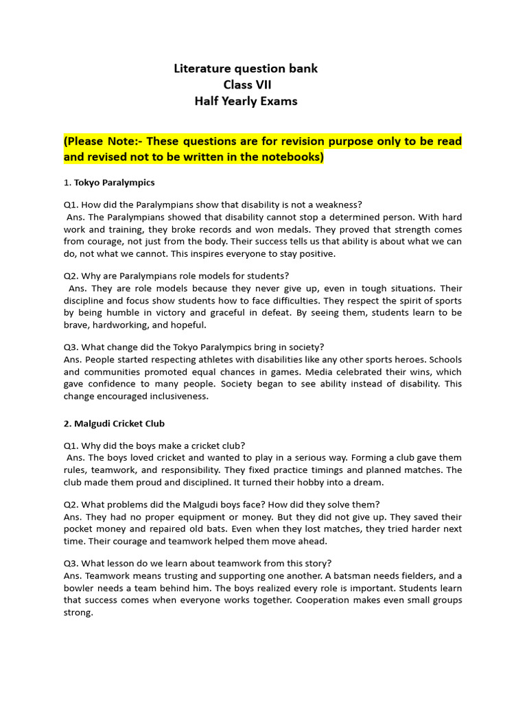 Literature Question Bank VII | PDF | Paralympic Games