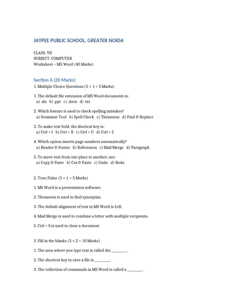 Class_7_MSWord_Worksheet | PDF