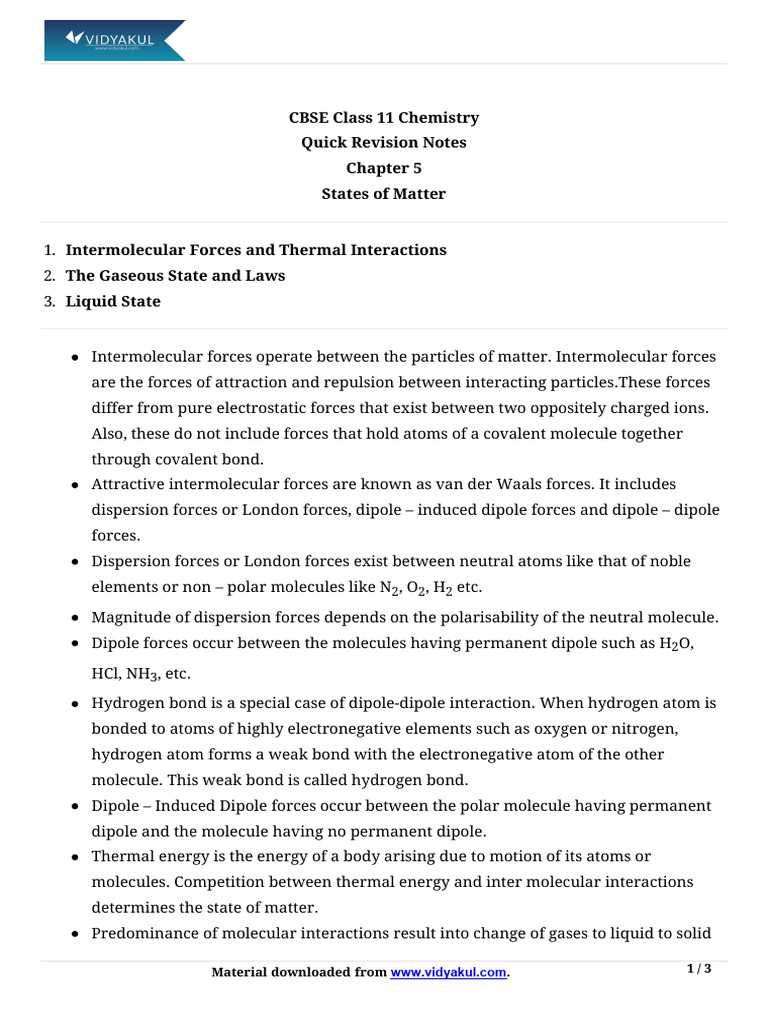 11 Chemistry Notes Ch05 States of Matter | PDF | Gases | Intermolecular ...