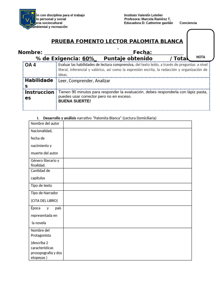 Prueba Palomita Blanca 8vo | PDF