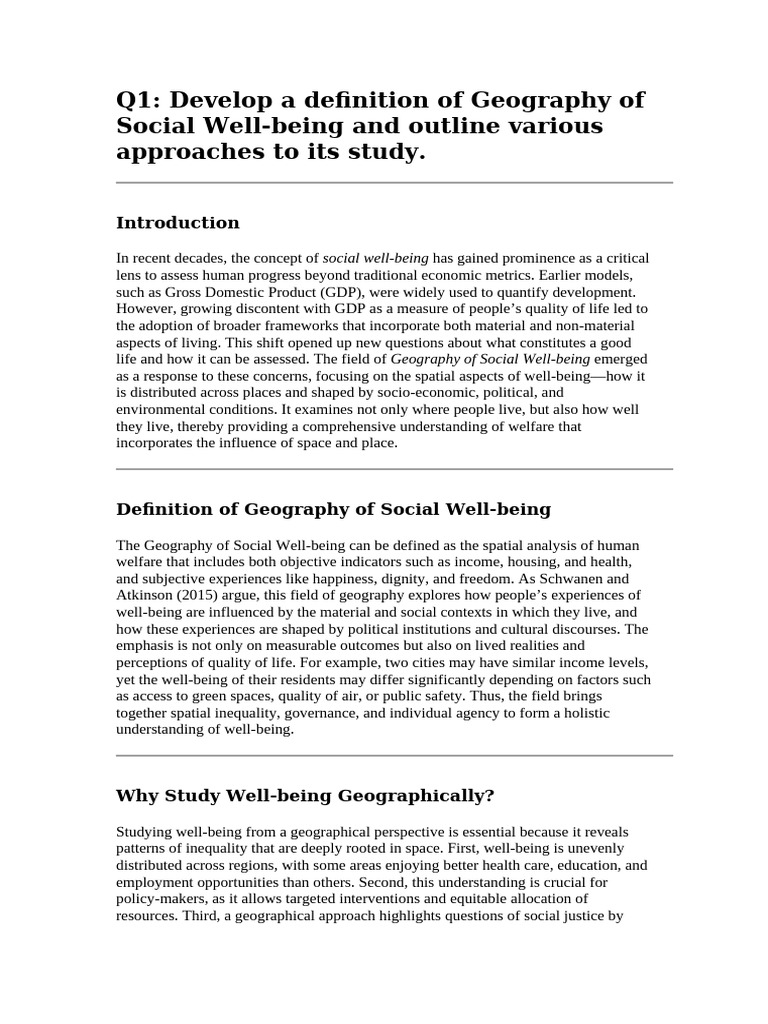 Q1: Develop A Definition of Geography of Social Well-Being and Outline ...