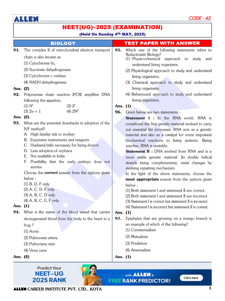 NEET 2025 Biology Question Paper Code 45 | PDF