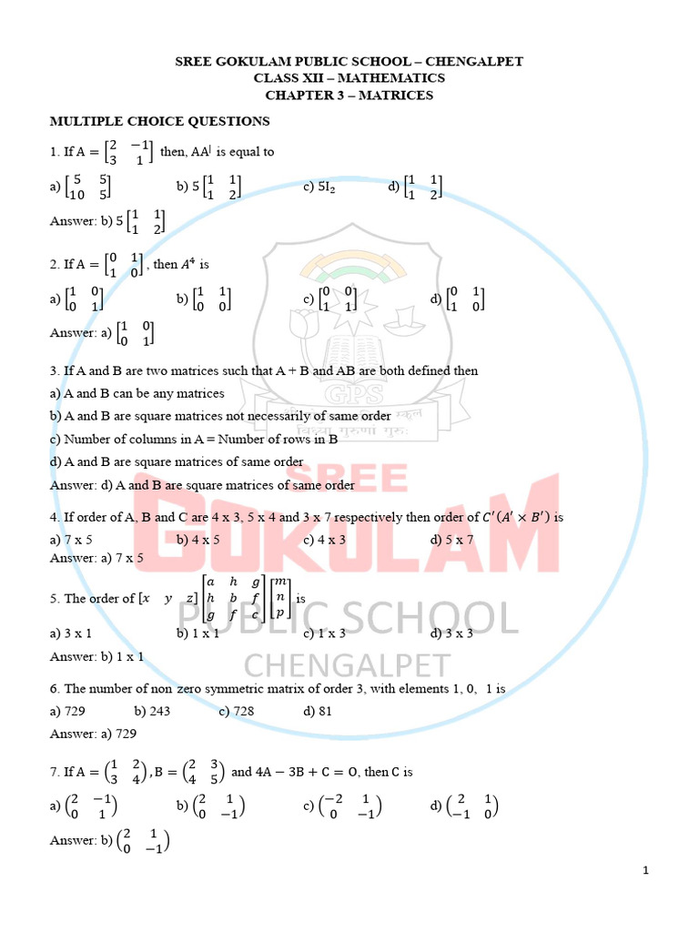 Class XII Mathematics: Matrix MCQs | PDF | Matrix (Mathematics ...