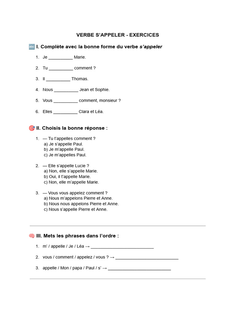 Verbe S'appeler - Exercices | PDF