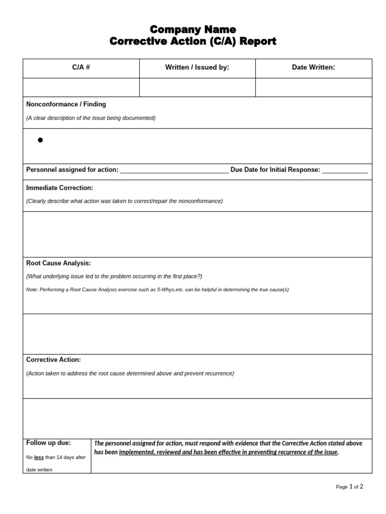 Corrective Action Report Template | PDF