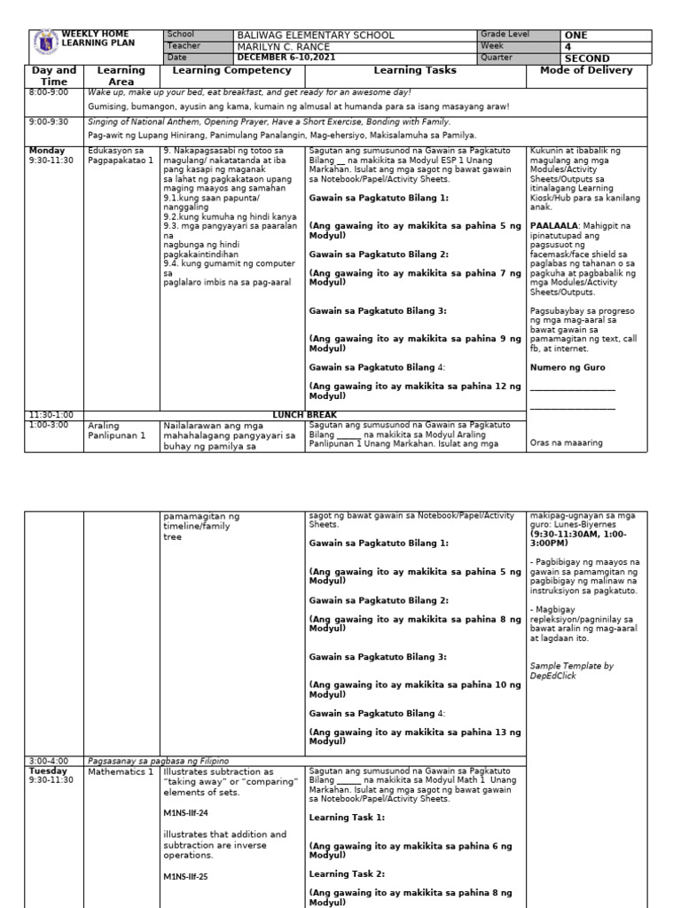 WHLP - Grade 1 (Q2 Week 4) | PDF