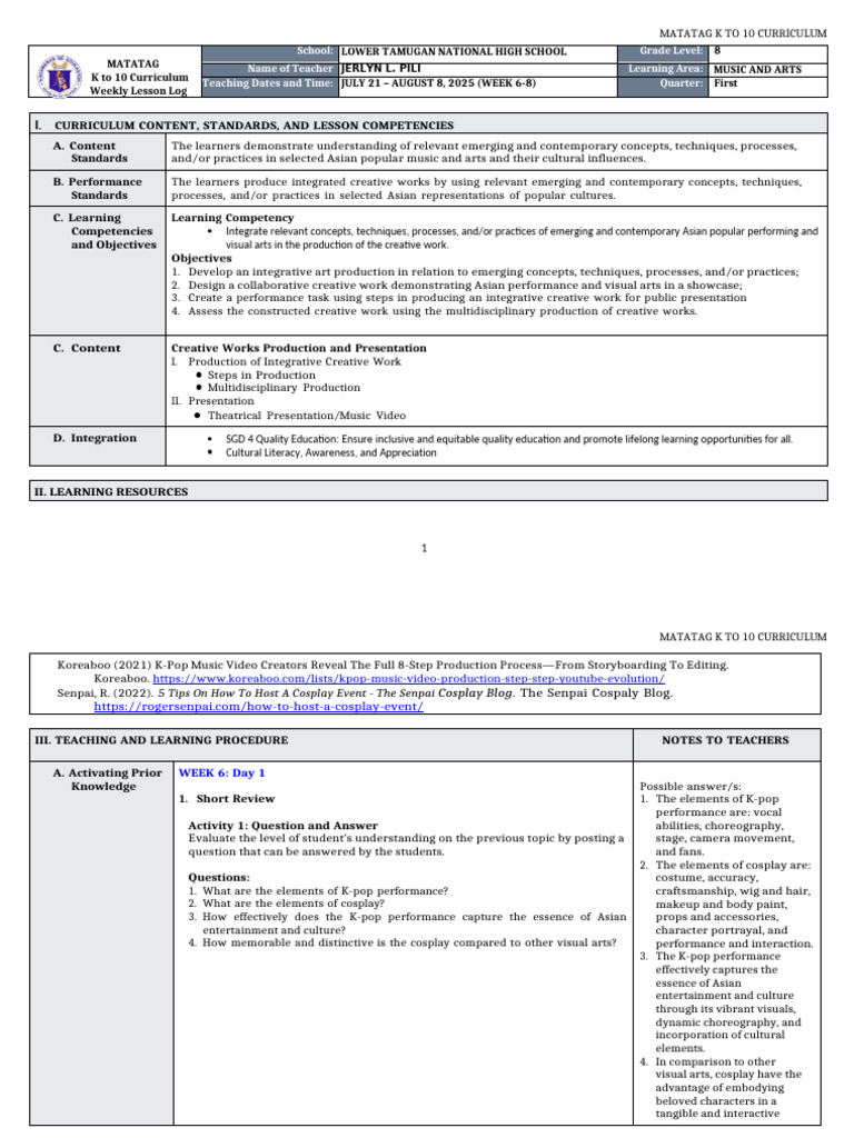 K-10 Music and Arts Lesson Plan | PDF | Cosplay | Narrative