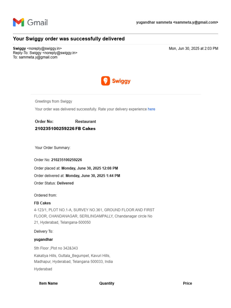 Gmail - Your Swiggy Order Was Successfully Delivered | PDF | Service ...