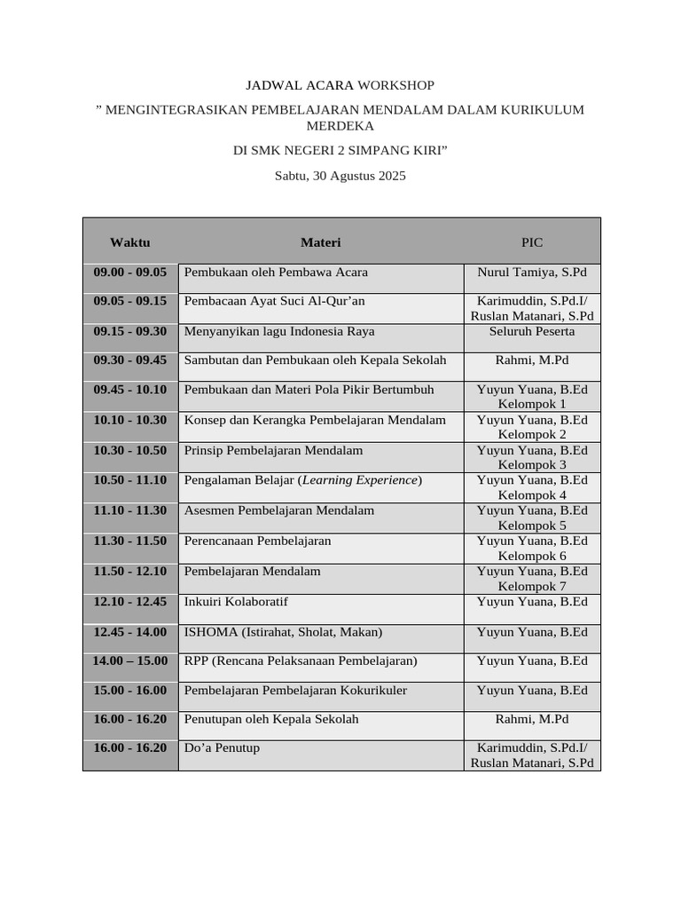 Jadwal Workshop Pembelajaran Mendalam Pdf
