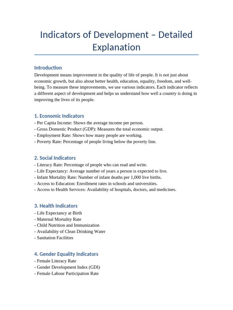 Indicators of Development Detailed | PDF | Poverty | Poverty & Homelessness