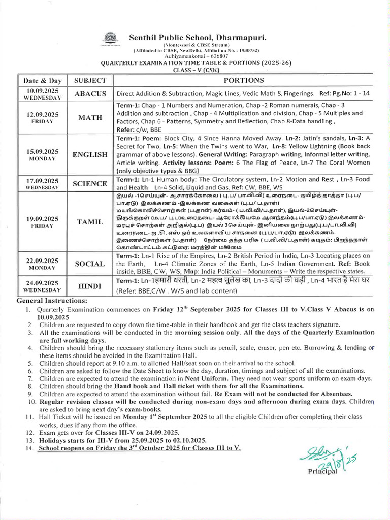 Class 5 Revised Time Table For CSK | PDF