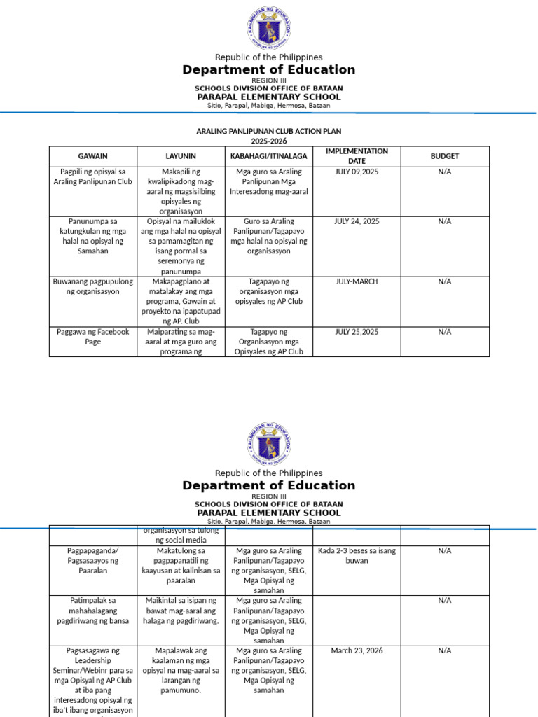 Araling Panlipunan Club Action Plan | PDF