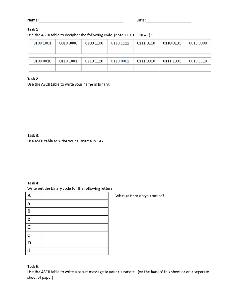 ASCII Code Worksheet Activities | PDF