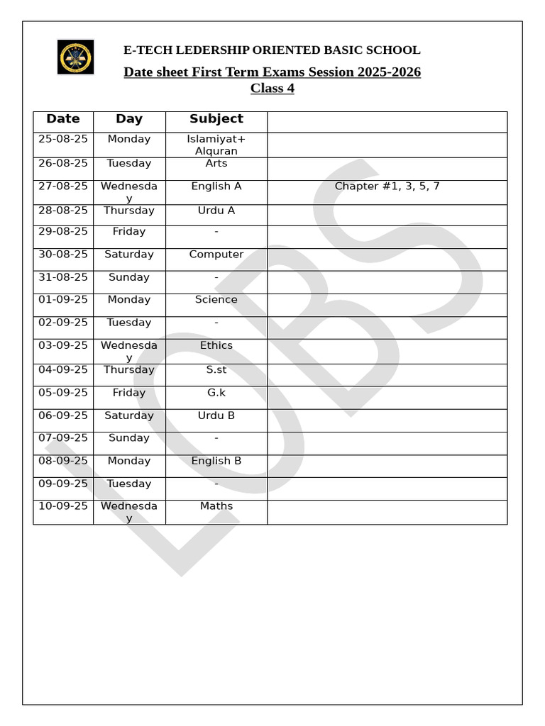 Class 4 First Term Exam Schedule 2025-26 | PDF