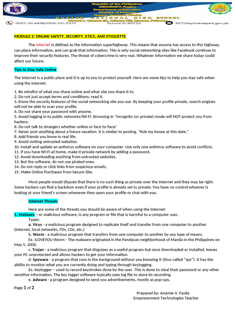 MODULE 2.online SafetySecurity Netiquette | PDF | Malware | Information Age