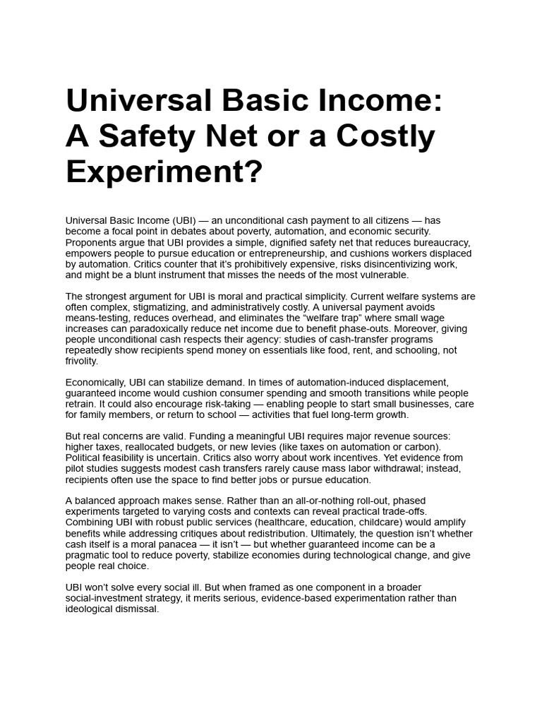 Universal Basic Income - A Safety Net or A Costly Experiment | PDF ...