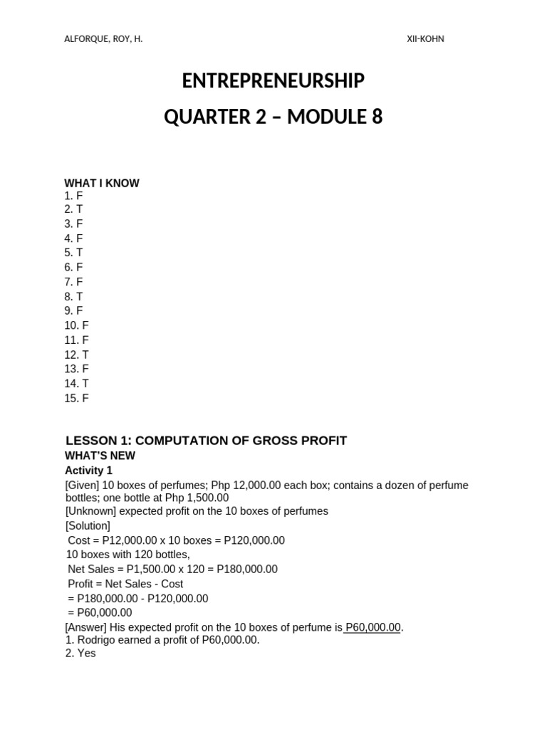 Gross Profit Calculation in Entrepreneurship | PDF