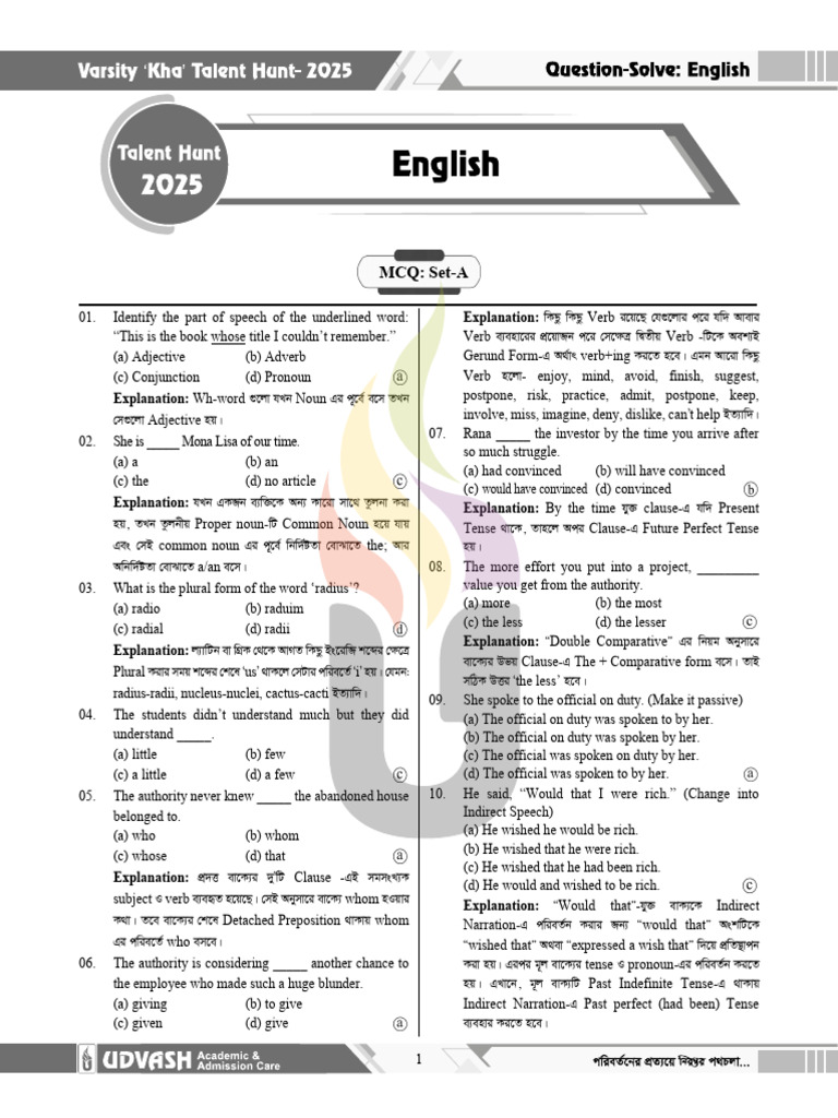 Talent Hunt Solve Sheet-2025 - English | PDF | Grammatical Number | Verb