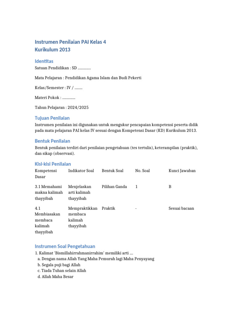 Instrumen Penilaian PAI Kelas4 | PDF