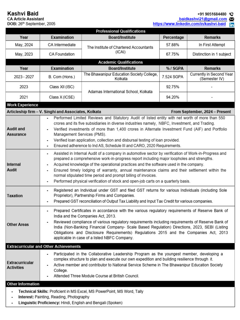 CA Article Assistant Resume - Kashvi Baid | PDF | Audit | Business