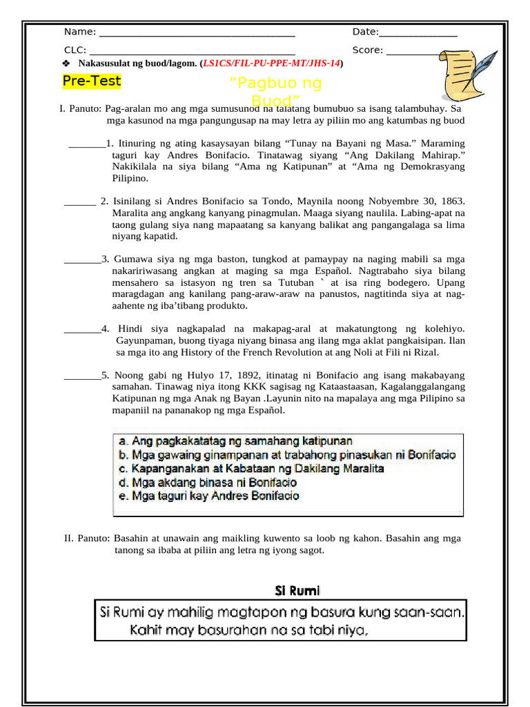 LS1 Fil. Worksheets-JHS (Pagbuo NG Buod) | PDF