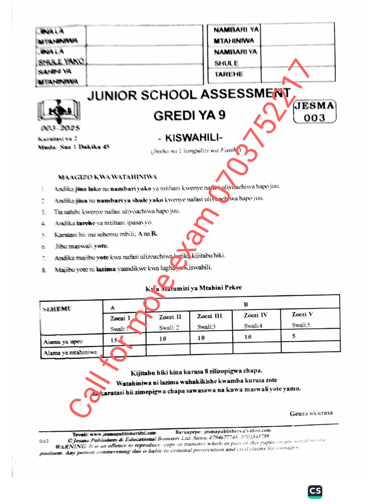 Jesma 003 Grade 9 Kiswahili Pp2 | PDF