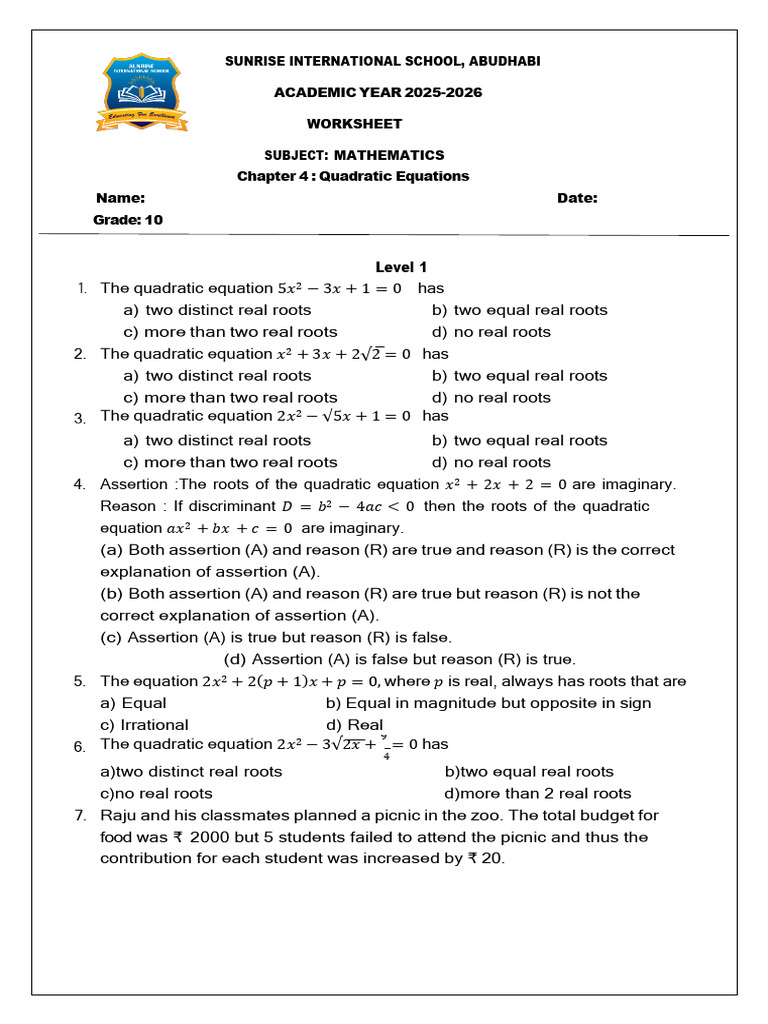 Quadratic Equations Worksheet Grade 10 | PDF | Quadratic Equation | Area