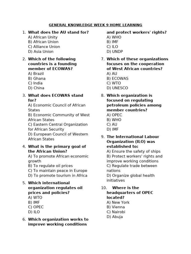 General Knowledge Week 9 Home Learning | PDF | International Labour ...