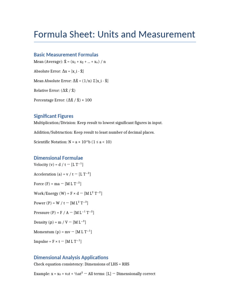 Units and Measurement Formula Sheet | PDF