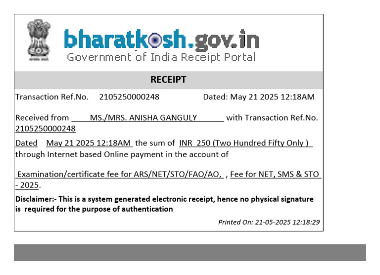 Online Payment Receipt for Exam Fees | PDF