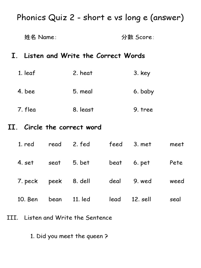 Phonics Quiz 2 - Short e Vs Long e (Answer) PDF | PDF