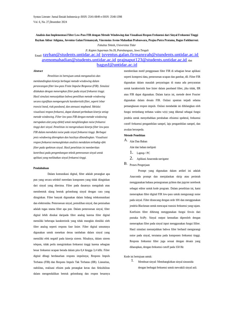 Analisis Filter Low-Pass FIR Metode Windowing | PDF